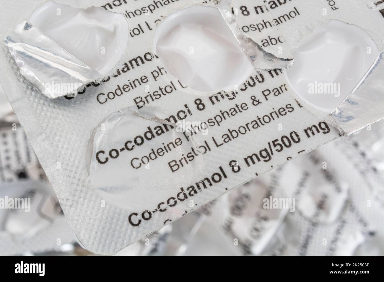 Close-up of blister-pack pain killing compound analgesic Co-Codamol. A ...