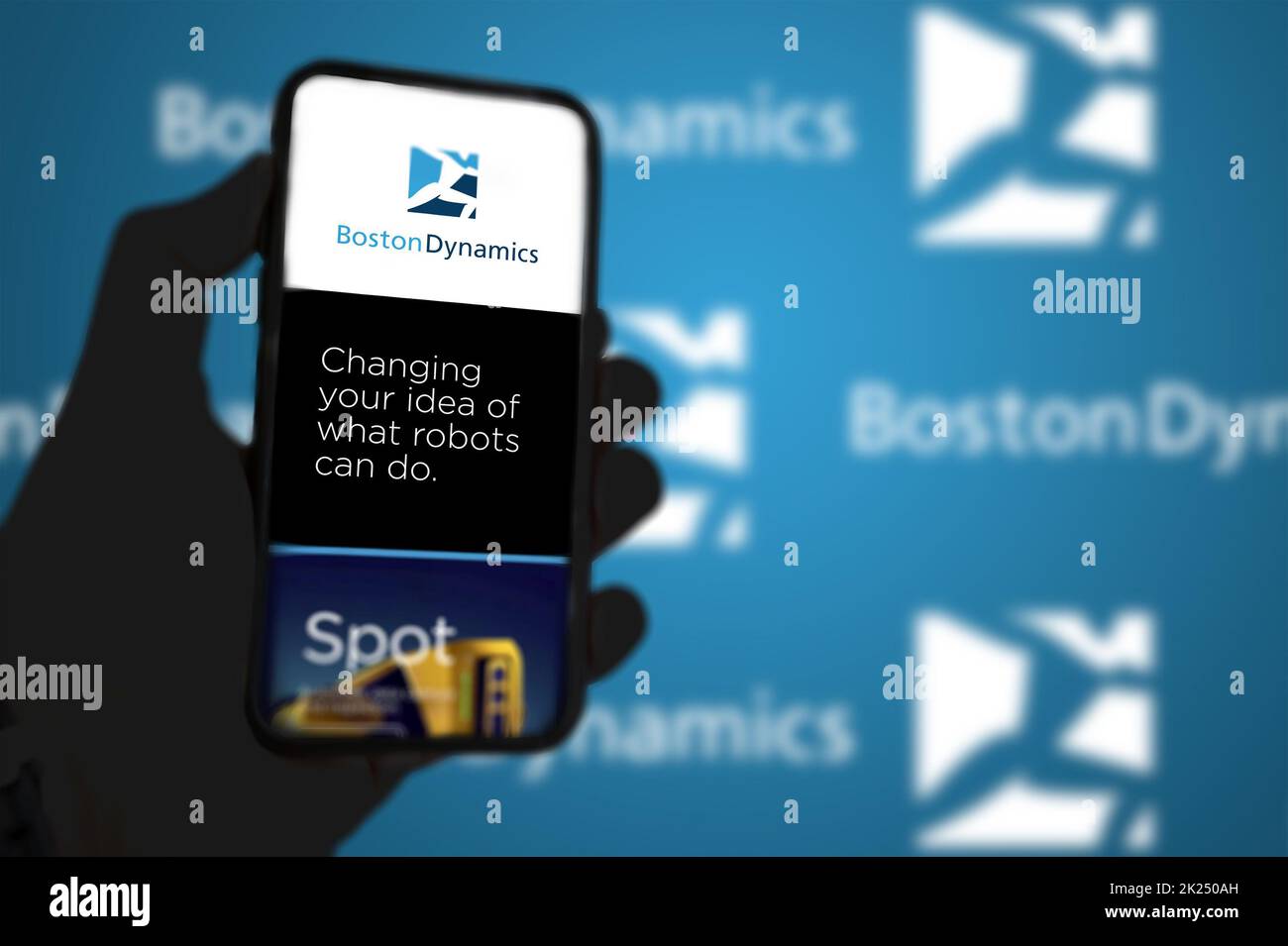 Waltham, MA, USA March 2022: Boston Dynamics company’s website on a phone screen. Blue ...