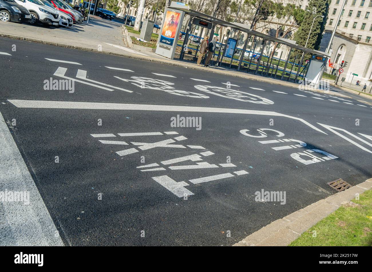 MADRID, SPAIN - JANUARY 12, 2022: Bus and taxi lane in Madrid, Spain ...