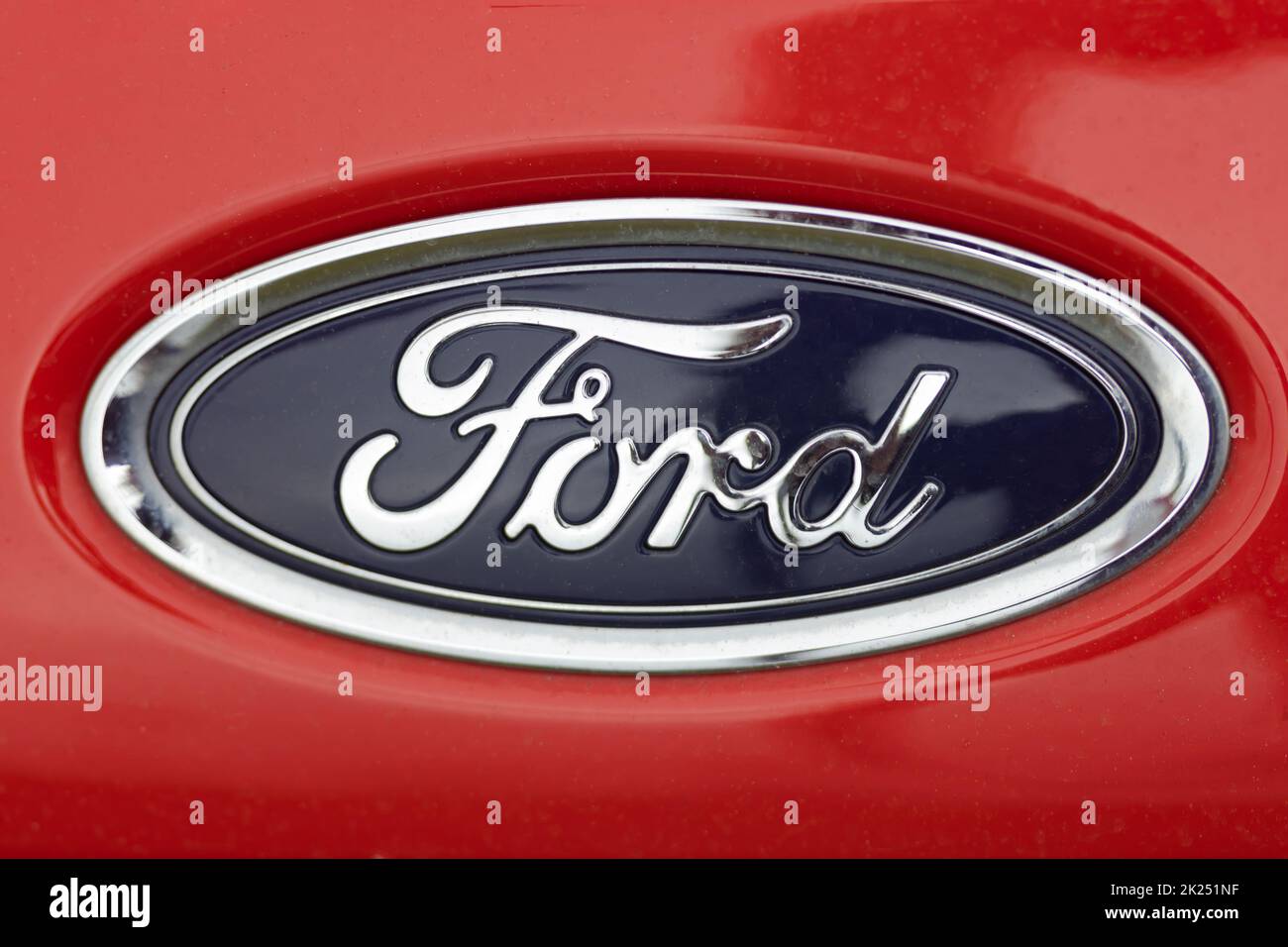 WETZLAR, GERMANY 2022-04-23: Ford logo on front of a car. Ford is an ...