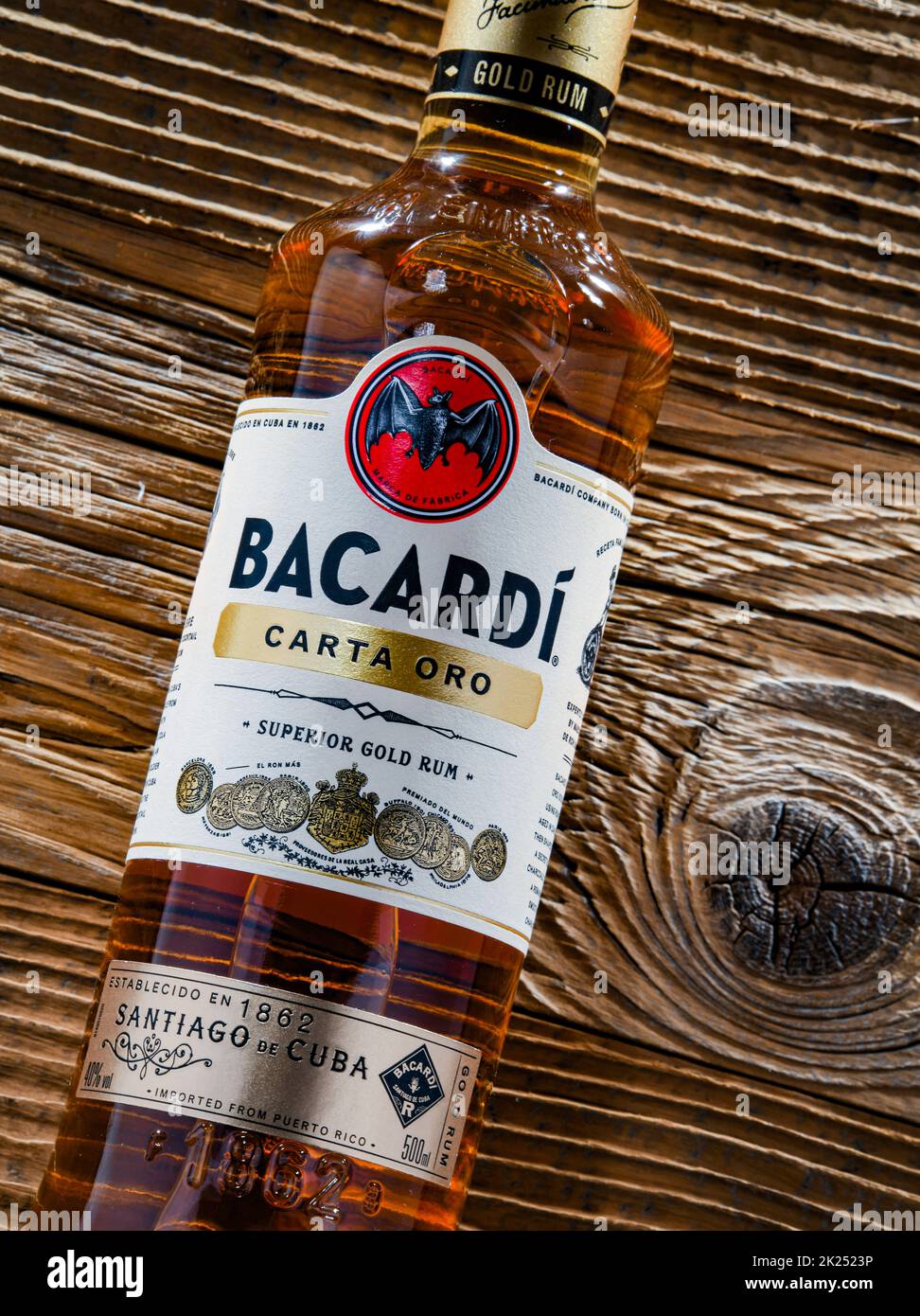 POZNAN, POL - APR 7, 2022: Bottle of Bacardi gold rum, a product of ...