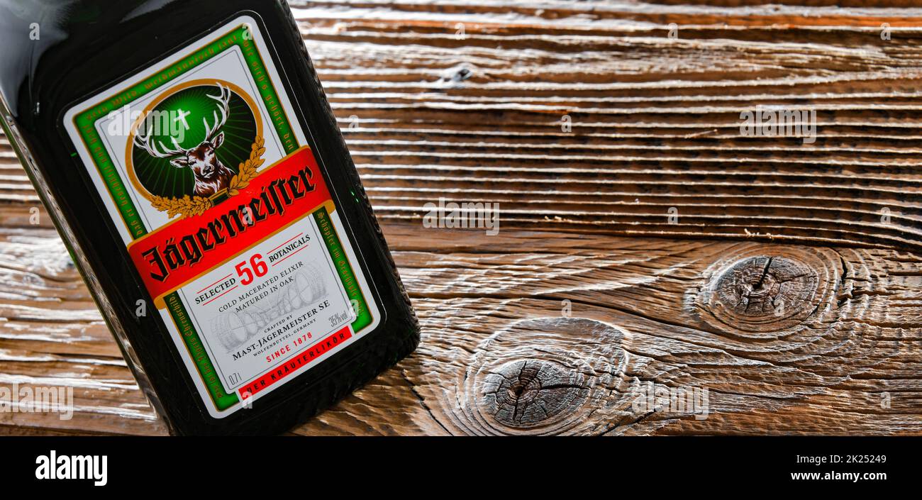POZNAN, POL - APR 13, 2022: Bottle of Jagermeister, German digestif ...