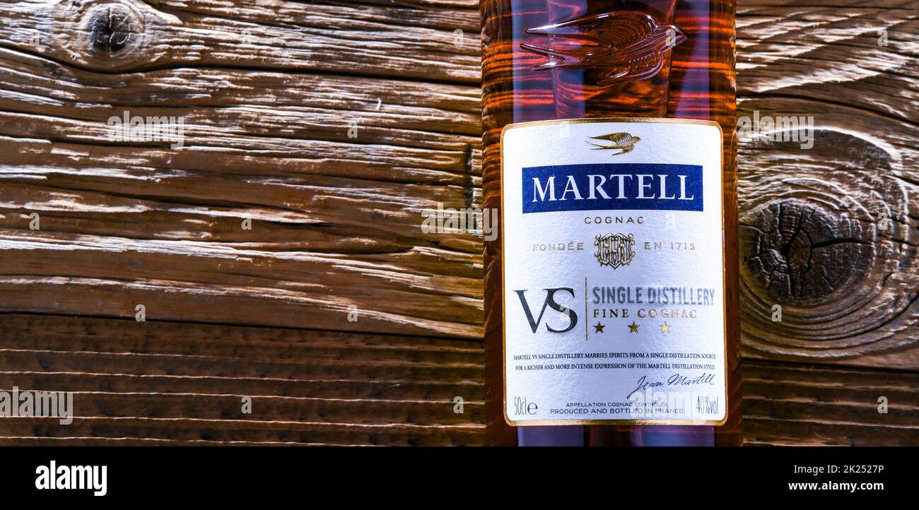 POZNAN, POL - APR 13, 2022: Bottle of Martell Cognac, a brand founded ...