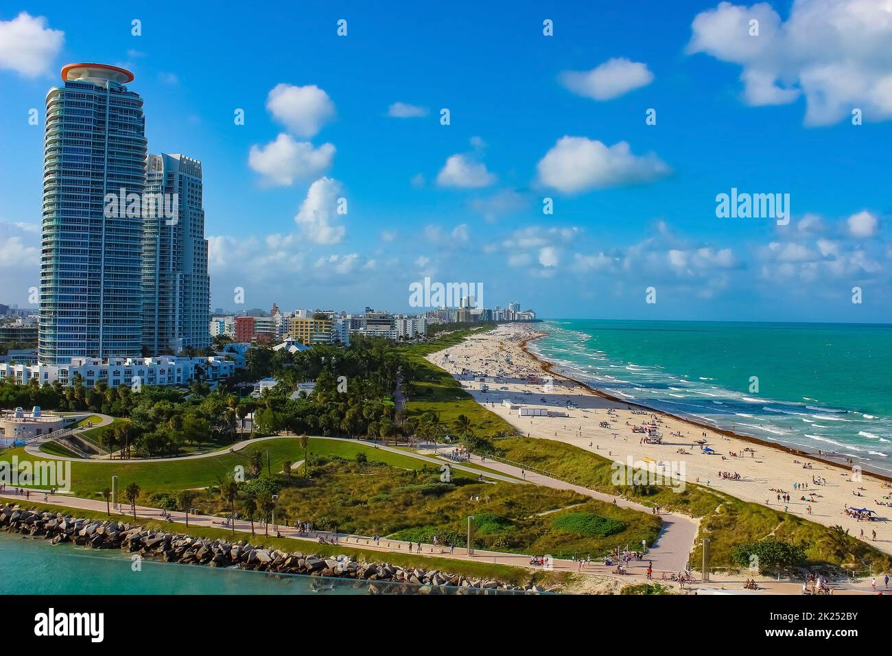 Panorama of luxury apartments in port of Miami - view from cruise liner ...