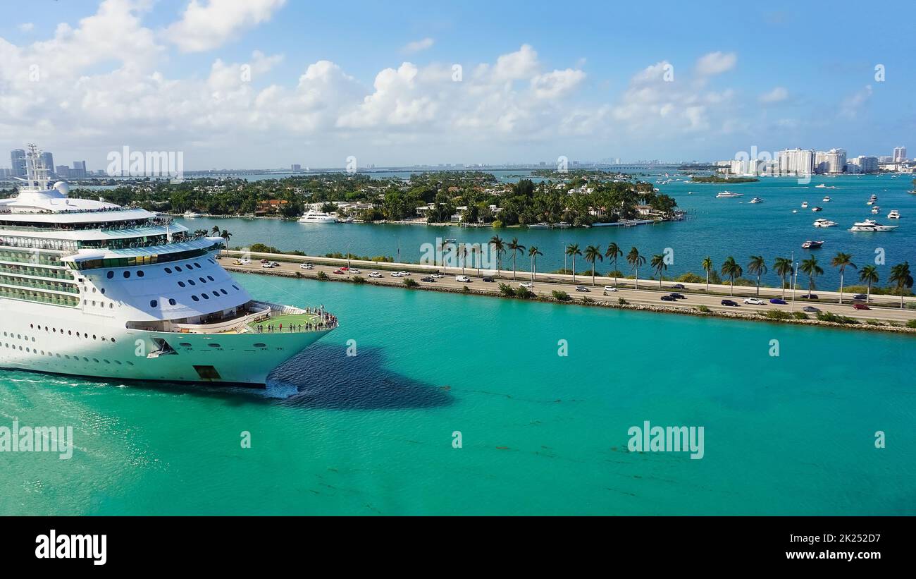 Panorama of Miami and big cruise ship at port of Miami, USA Stock Photo ...