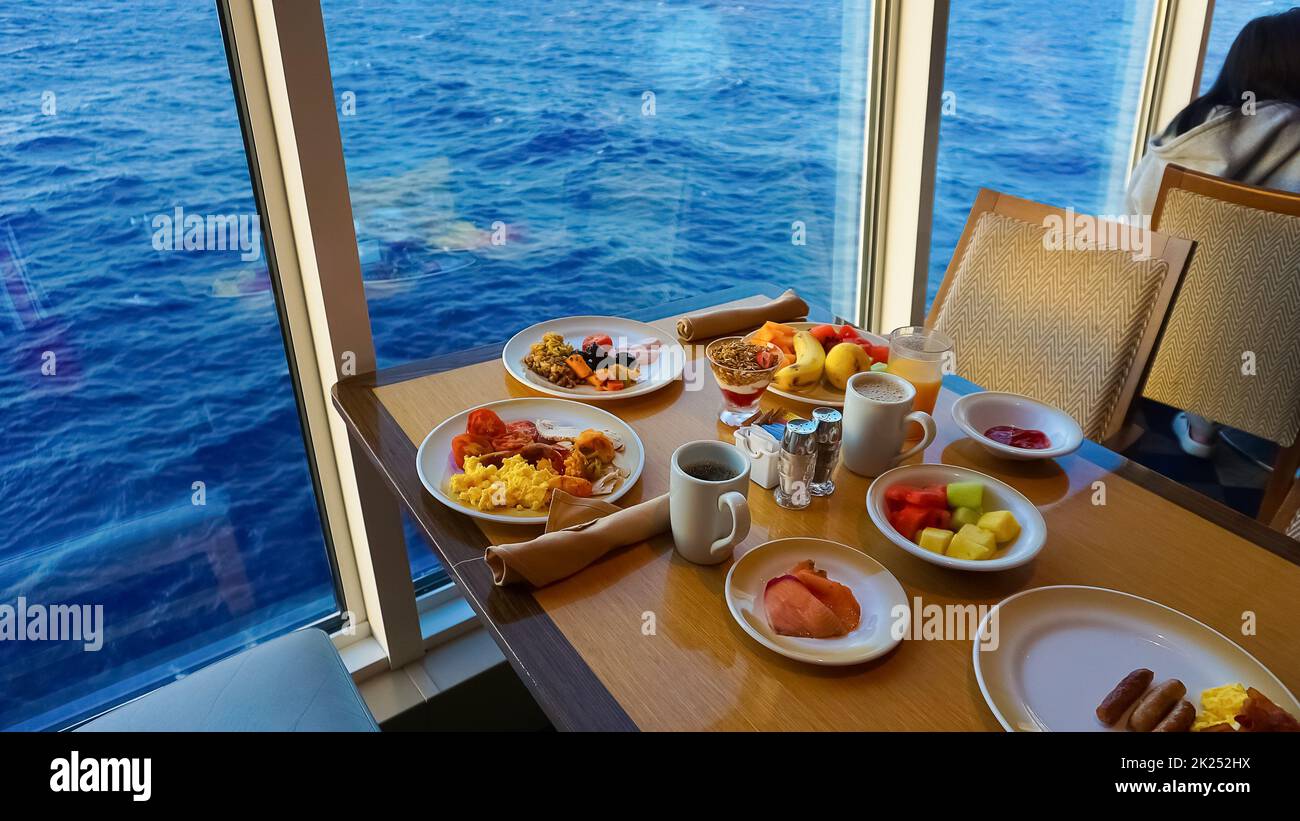 Dining Room Buffet aboard the abstract luxury cruise ship. Healthy ...