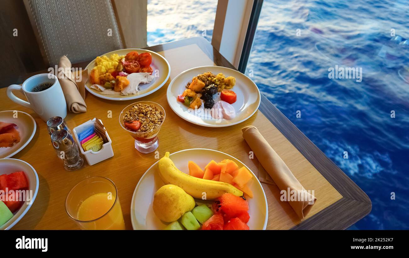 Dining Room Buffet aboard the abstract luxury cruise ship. Healthy ...