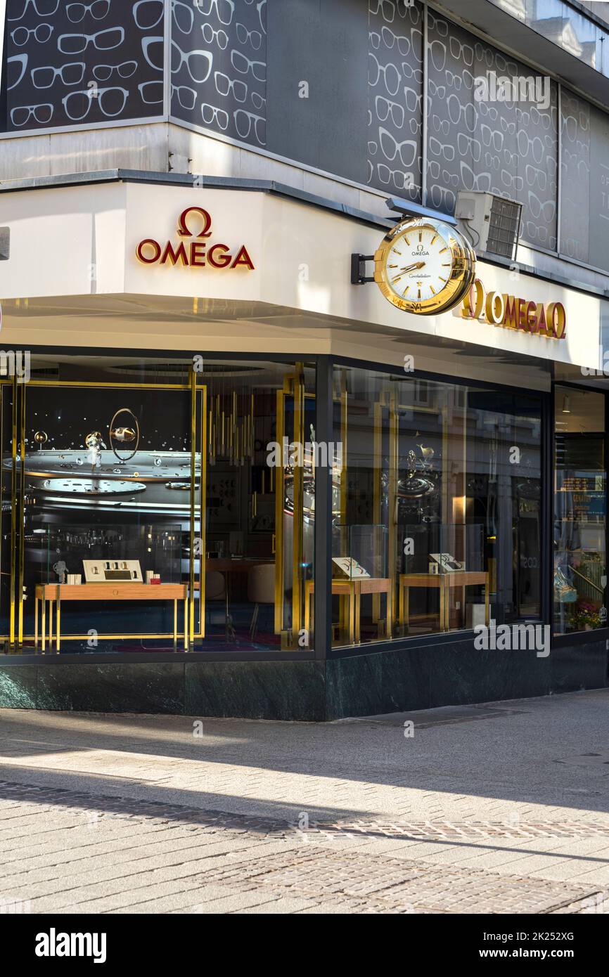 . Luxembourg city, May 2022. The sign outdoor of the Omega brand shop ...