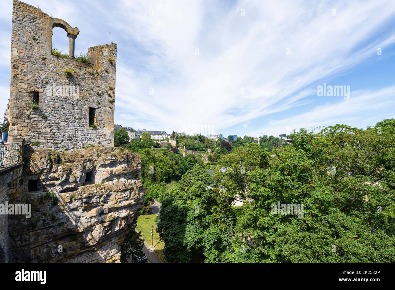Luxembourg city, May 2022. Dent Creuse ancient tower in the city center ...