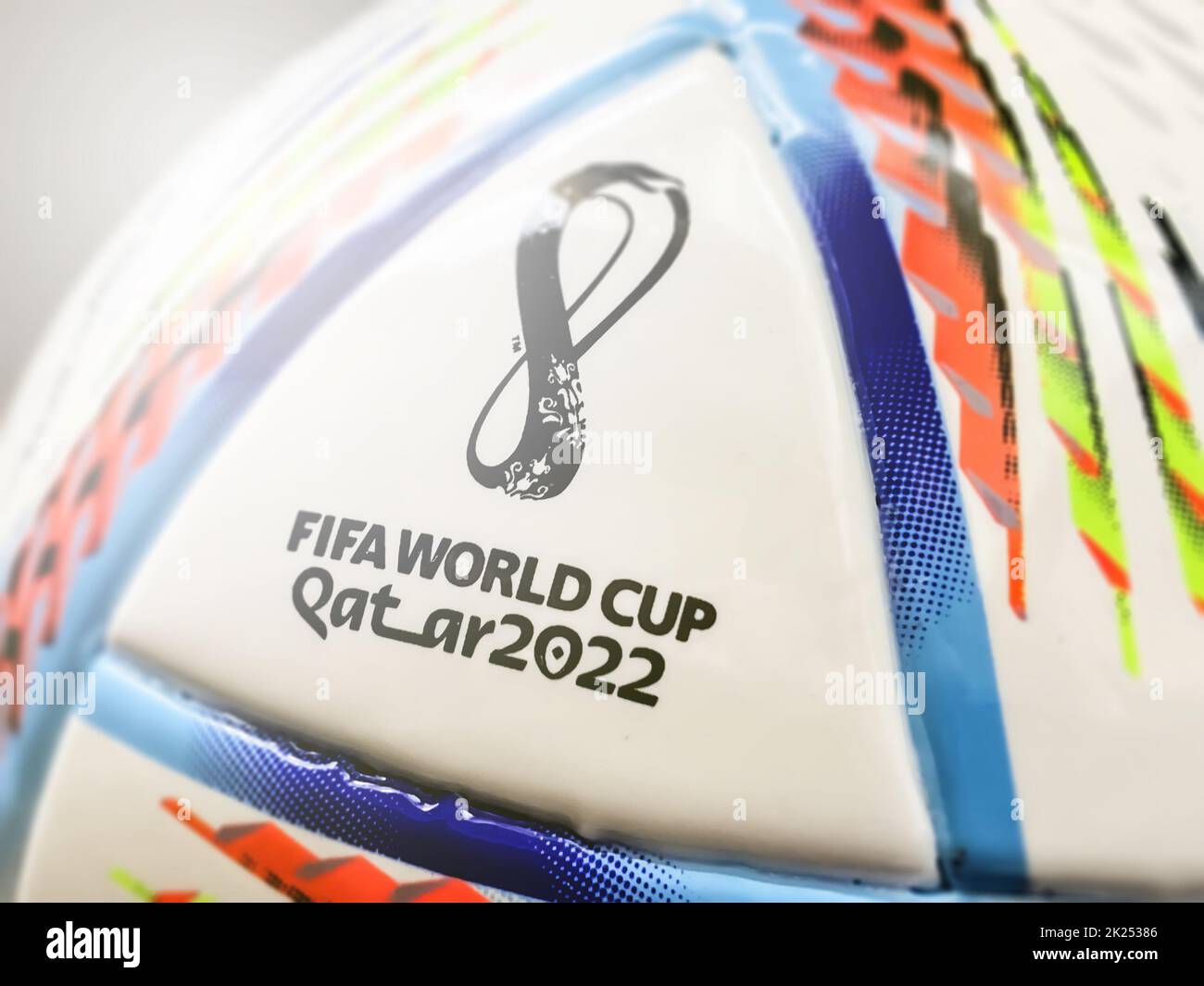 Doha, Qatar, May 2022: Close-up of Al Rihla, the official match ball of ...