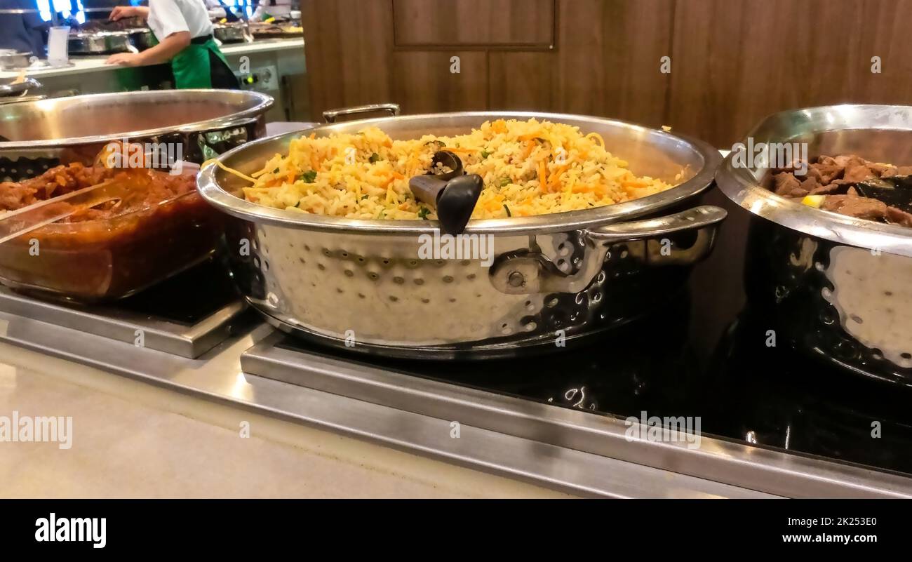 Dining Room Buffet aboard the abstract luxury cruise ship. Selective ...