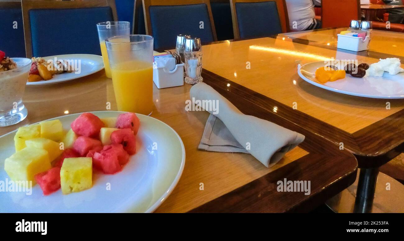 Dining Room Buffet aboard the abstract luxury cruise ship. Healthy ...