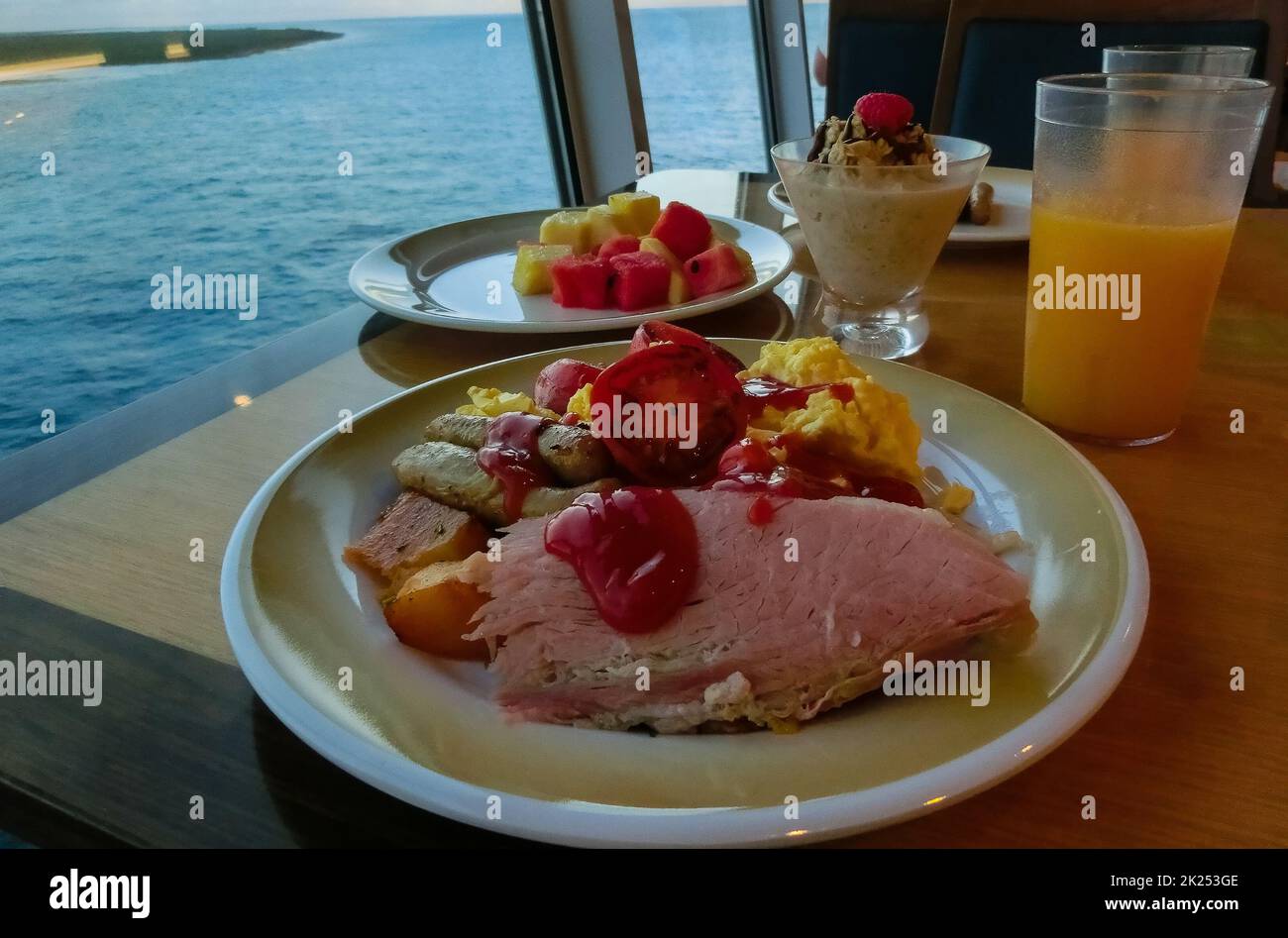 Dining Room Buffet aboard the abstract luxury cruise ship. Healthy ...