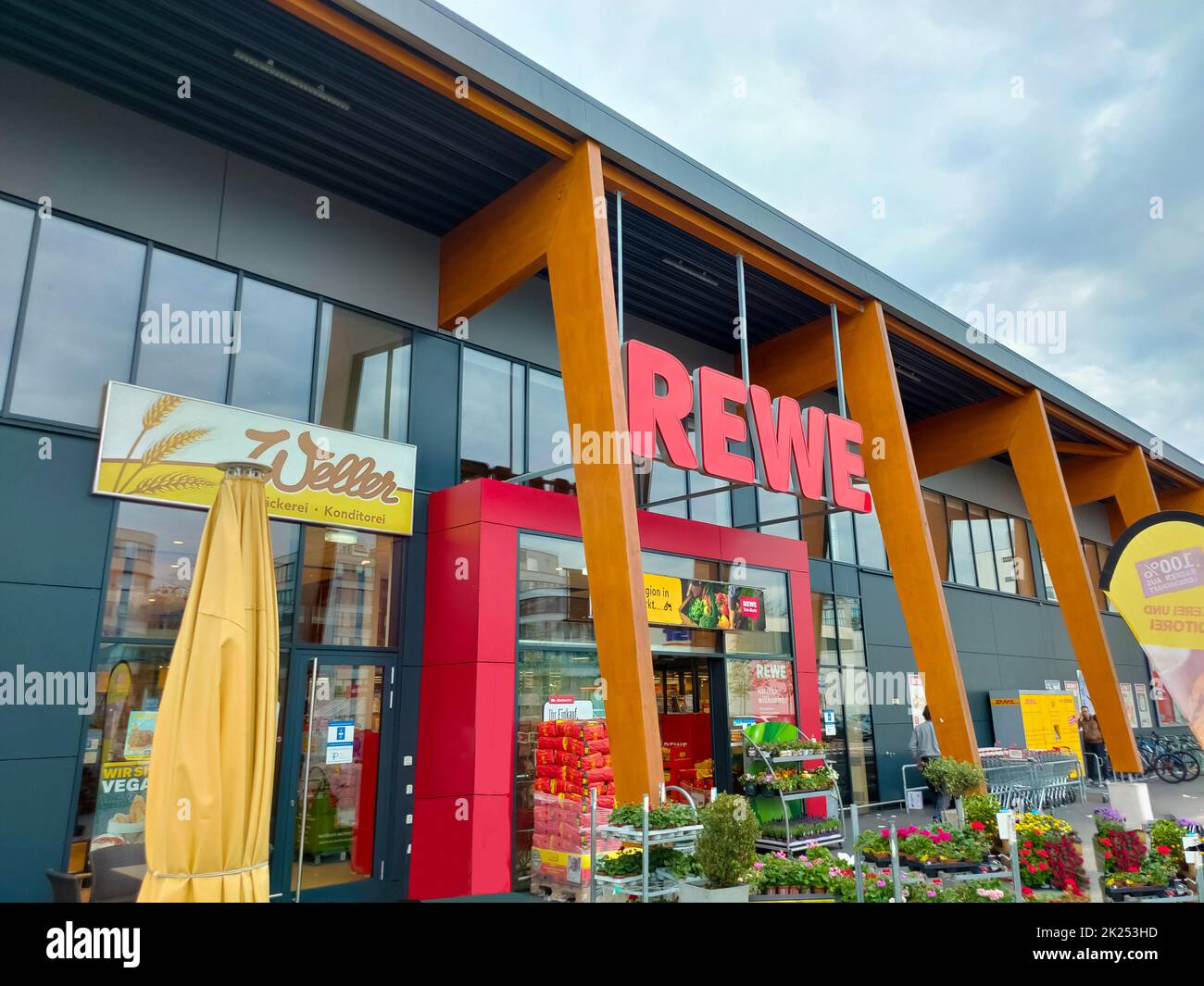Frankfurt am Main, Germany - April 21, 2022: REWE supermarket. The REWE ...