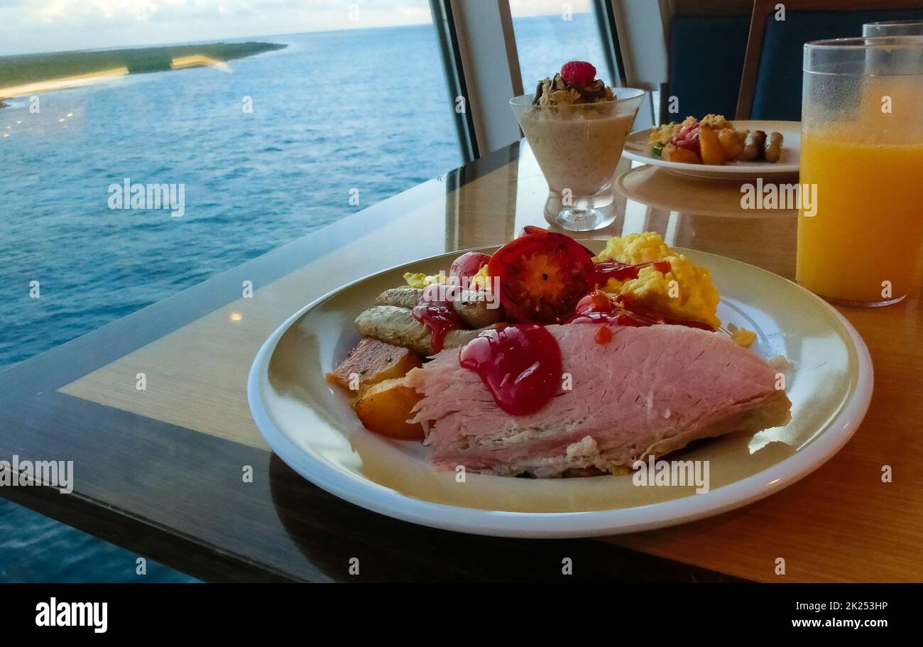 Dining Room Buffet aboard the abstract luxury cruise ship. Healthy ...