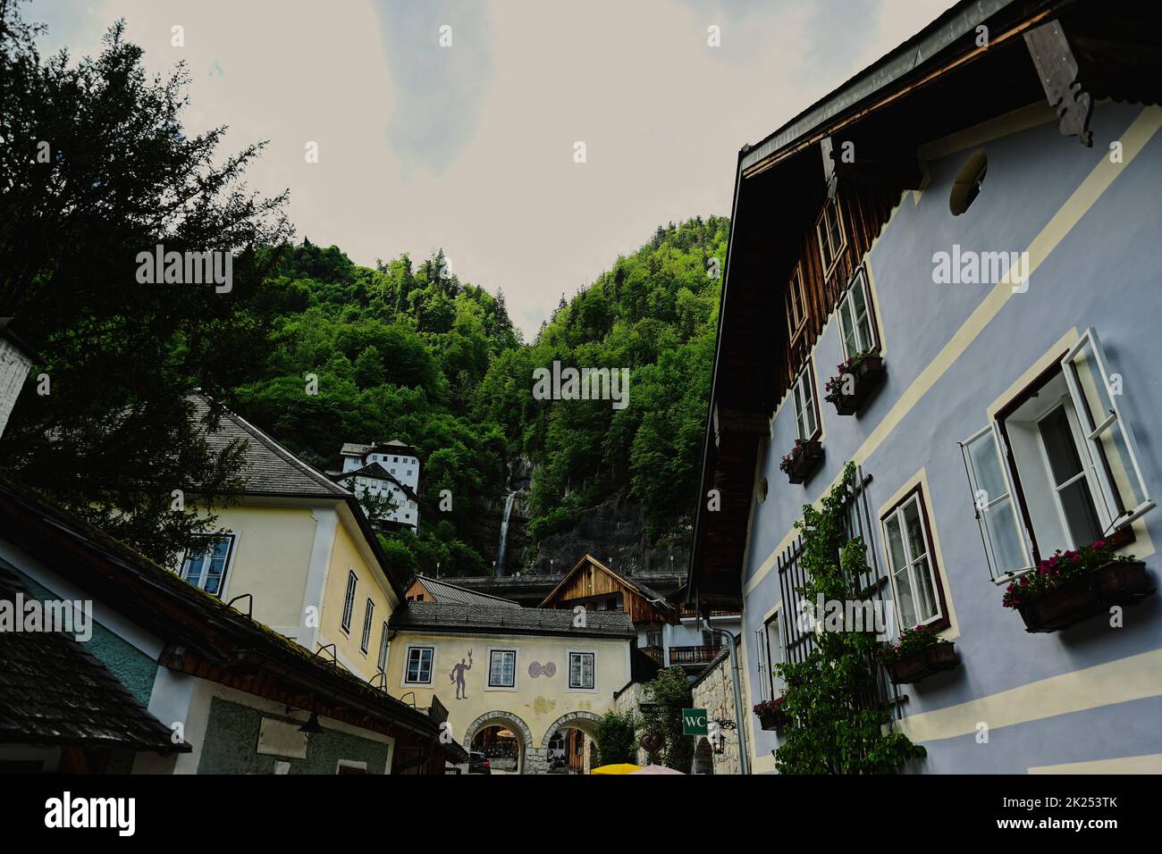 Waterfall at famous old town Hallstatt, Salzkammergut, Austria Stock ...