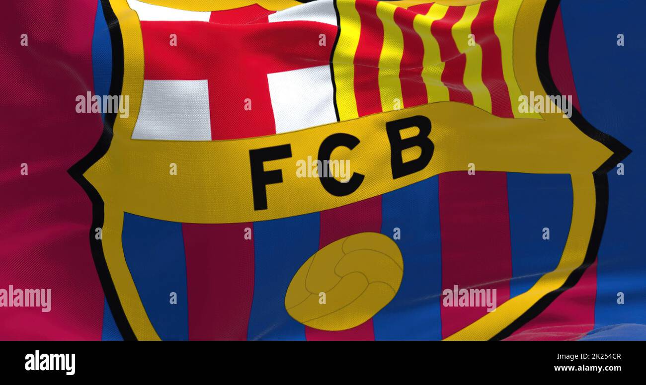Barcelona, Spain, May 2022: Close up of the FC Barcelona flag waving ...