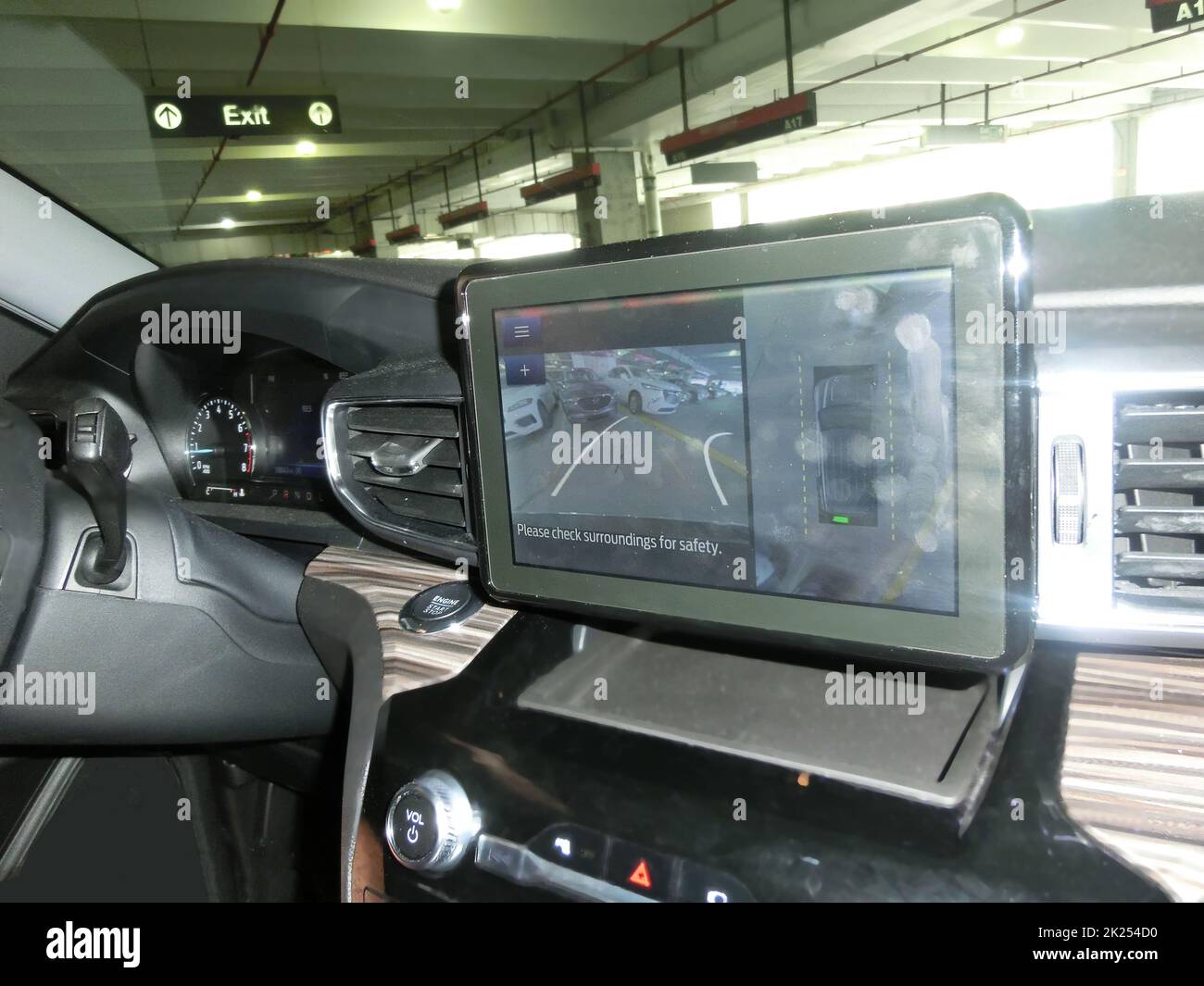Miami, USA - May 07, 2022: Interior of Ford Explorer car with rearview ...