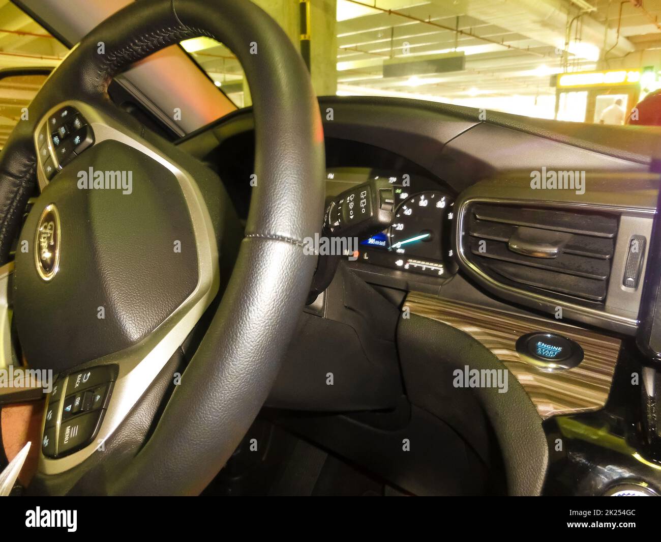 Miami, USA - May 07, 2022: Ford Explorer 2021 steering wheel, badge ...
