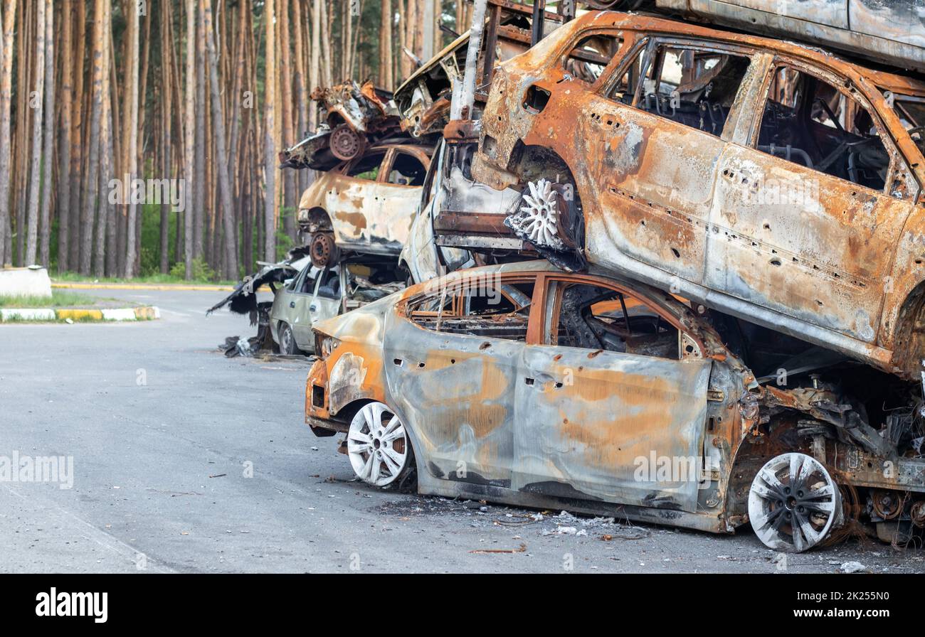 A lot of rusty burnt cars in Irpen, after being shot by the Russian ...