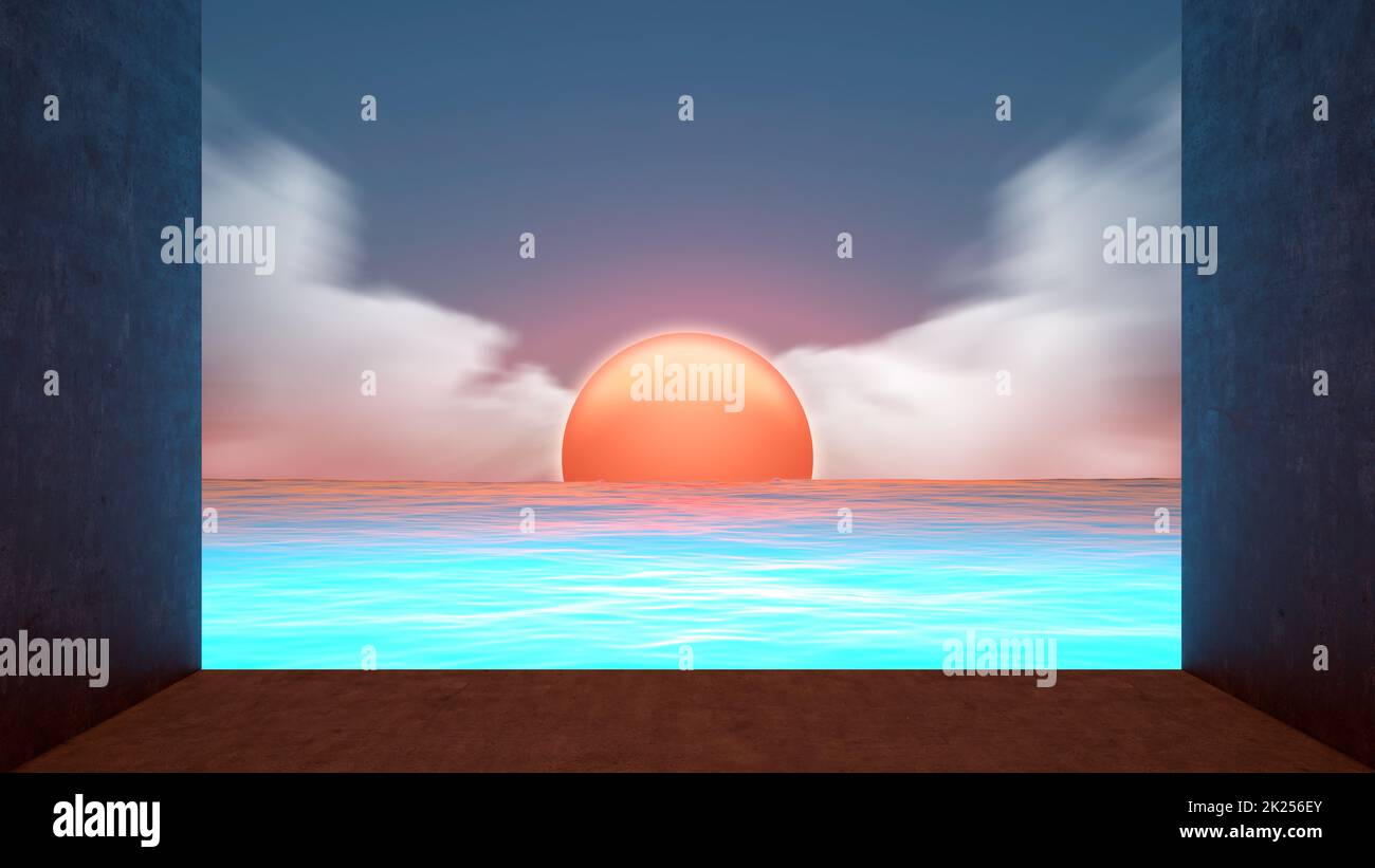 sea with concrete walls with sunset. 3d rendering Stock Photo - Alamy