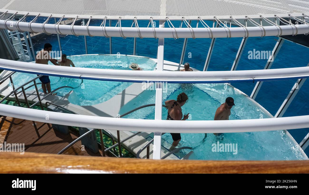 Miami, USA - April 29, 2022: Solarium with pools, bars at Symphony of ...