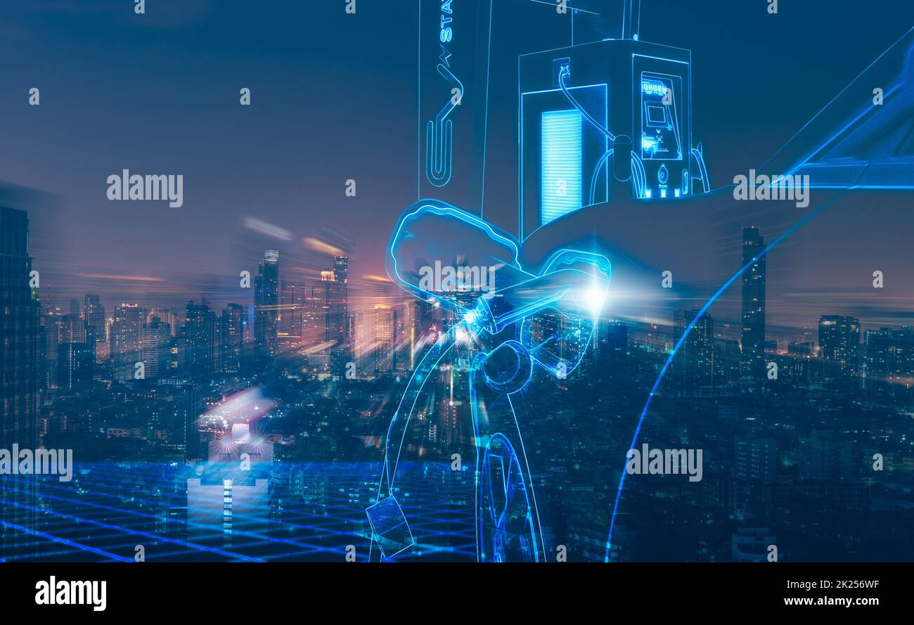 Electric car and EV car charging station with cityscape background in ...