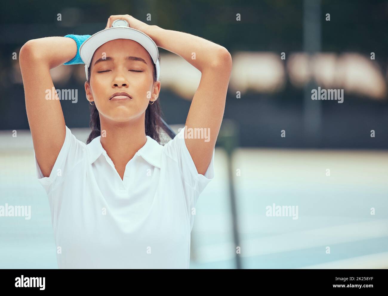 Tennis, court and girl tired after game fail or loss for professional ...