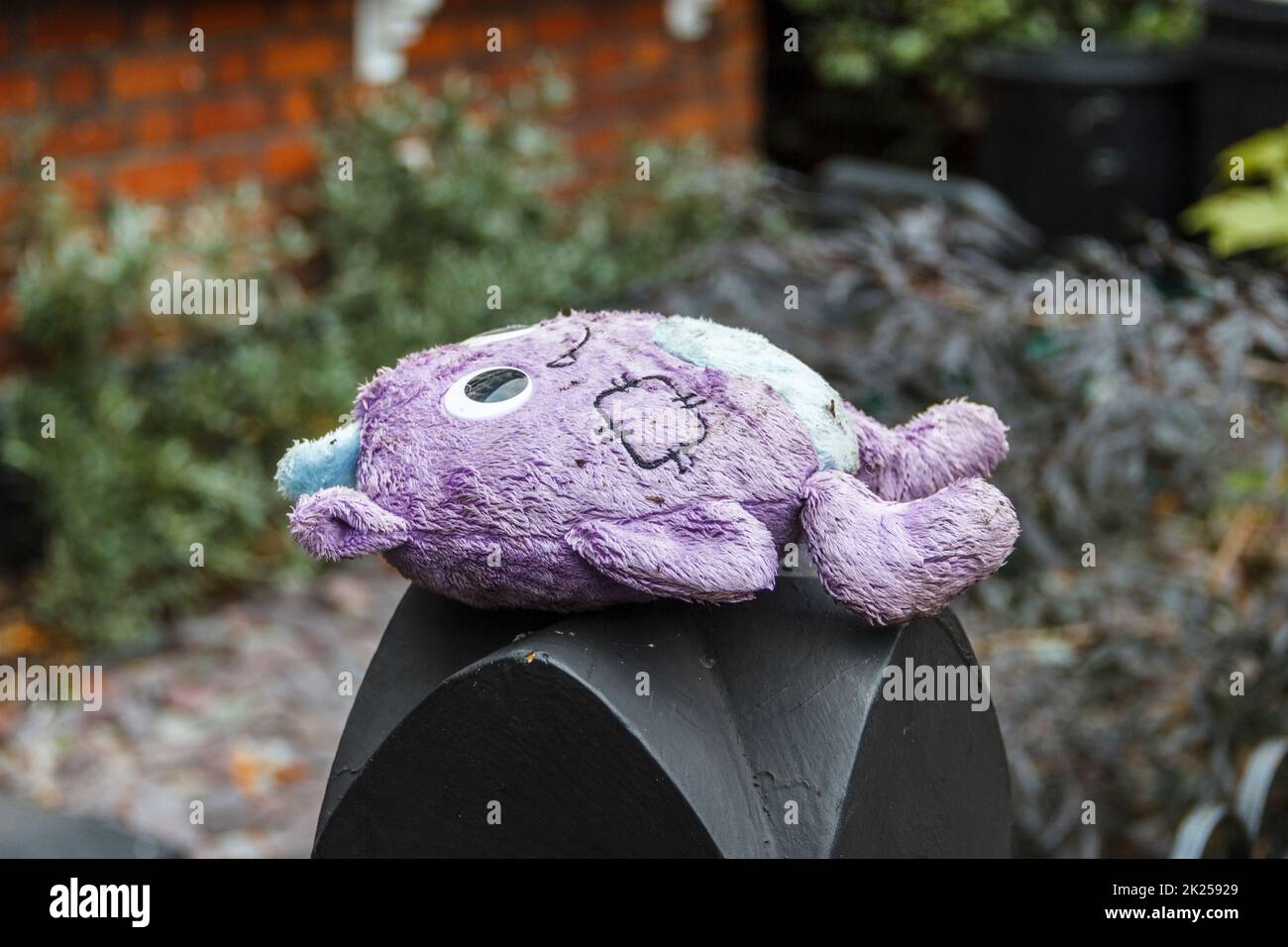 A lost soft toy lying atop a gatepost in a residential area, of London ...