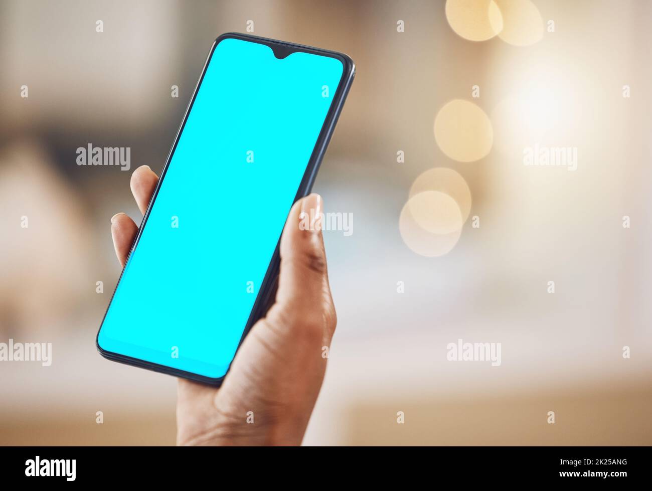 Hand of woman with green screen mockup phone for digital marketing and ...