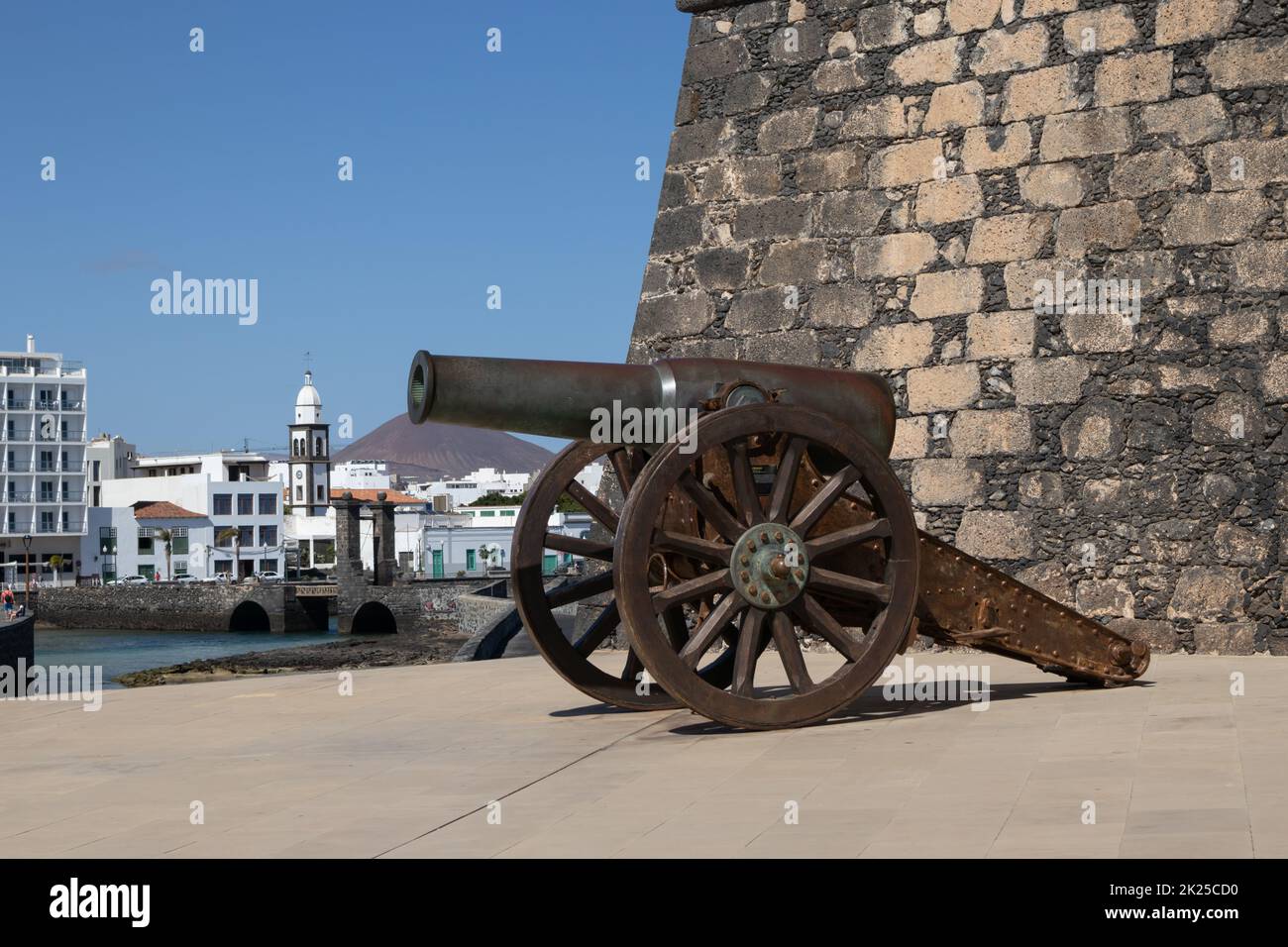 Old historical cannon infront of the Castle of Saint Gabriel. Wall of ...