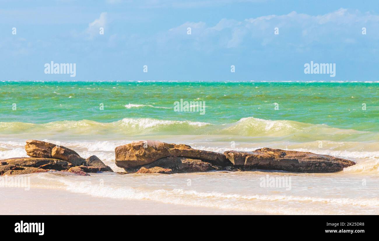 Beautiful Holbox island beach sandbank boulders turquoise water waves ...