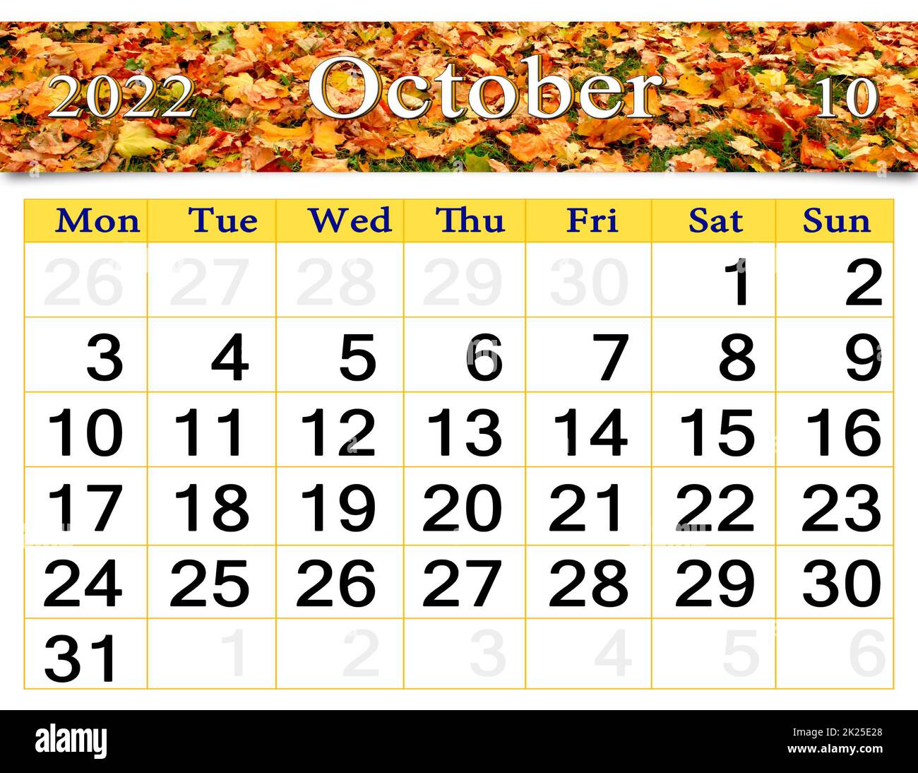 calendar for October 2022 with autumn park with trees in yellow color ...