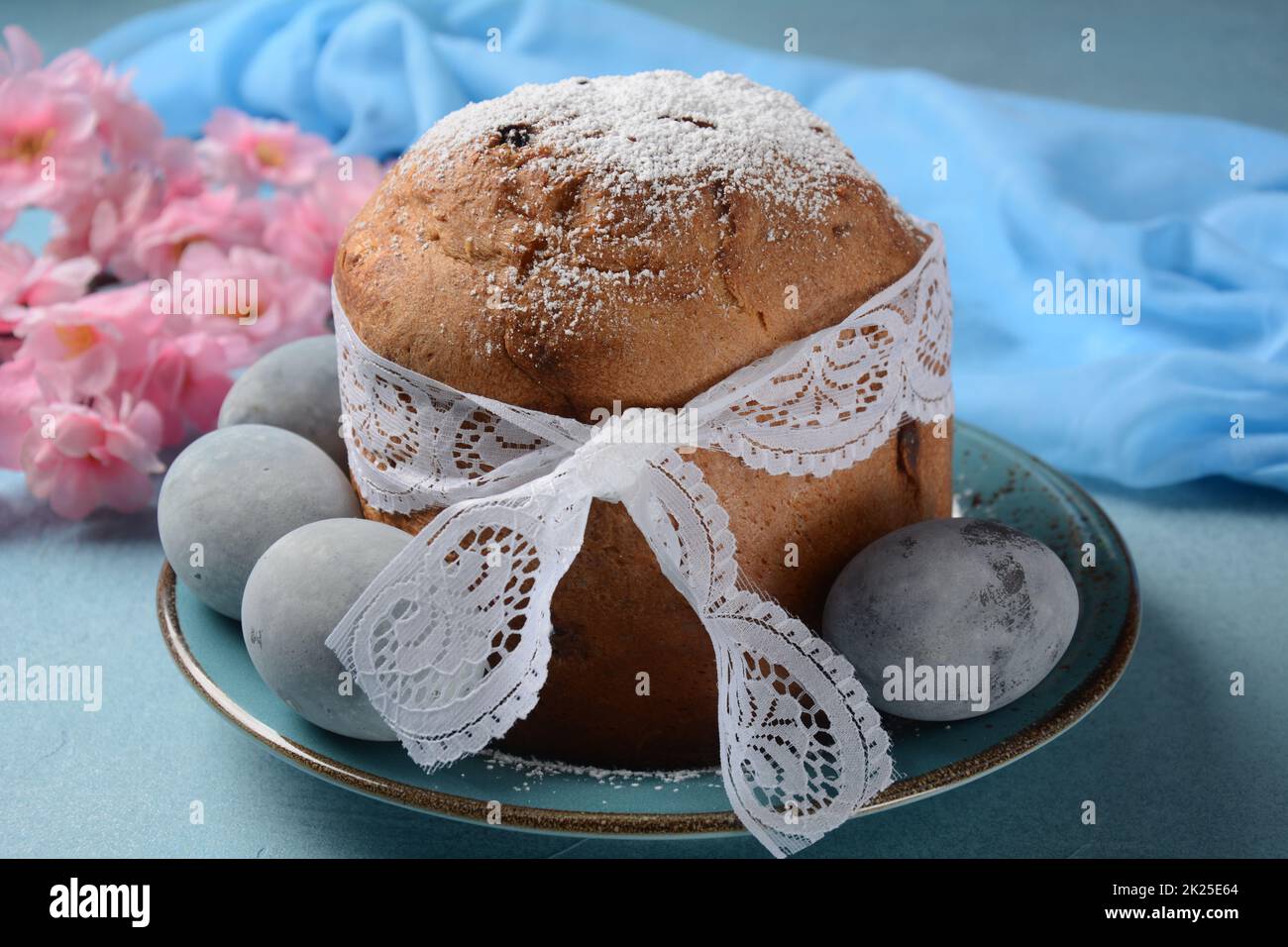 Traditional easter cake kulich Ukrainian Russian with colored eggs ...