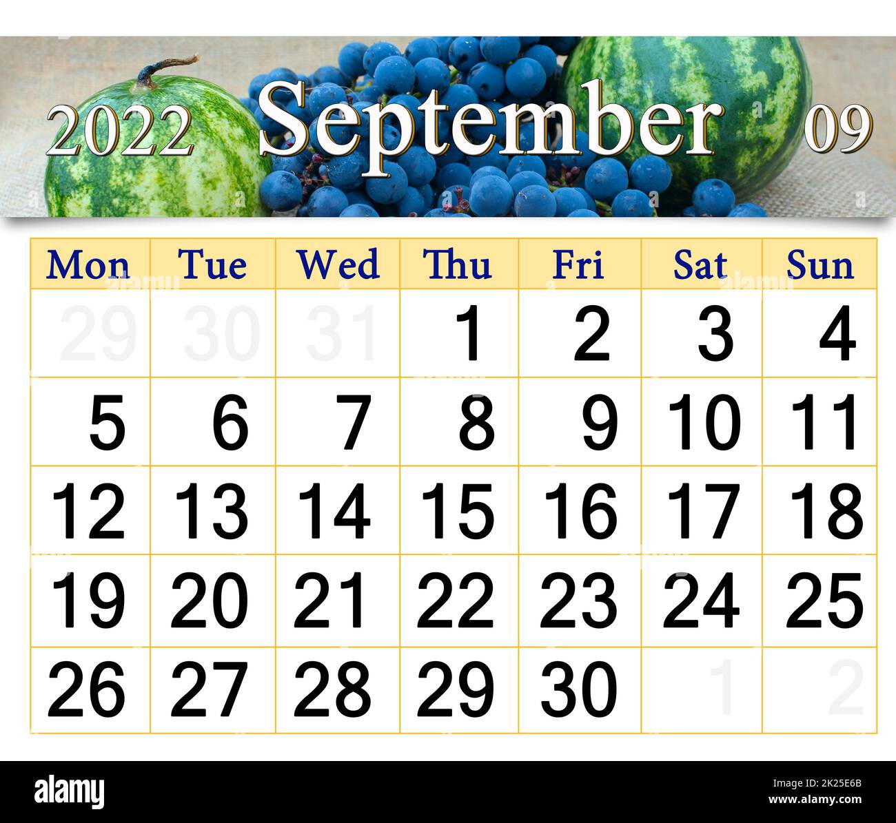 october 2022 calendar to plan with grapes and watermelons on sacking ...