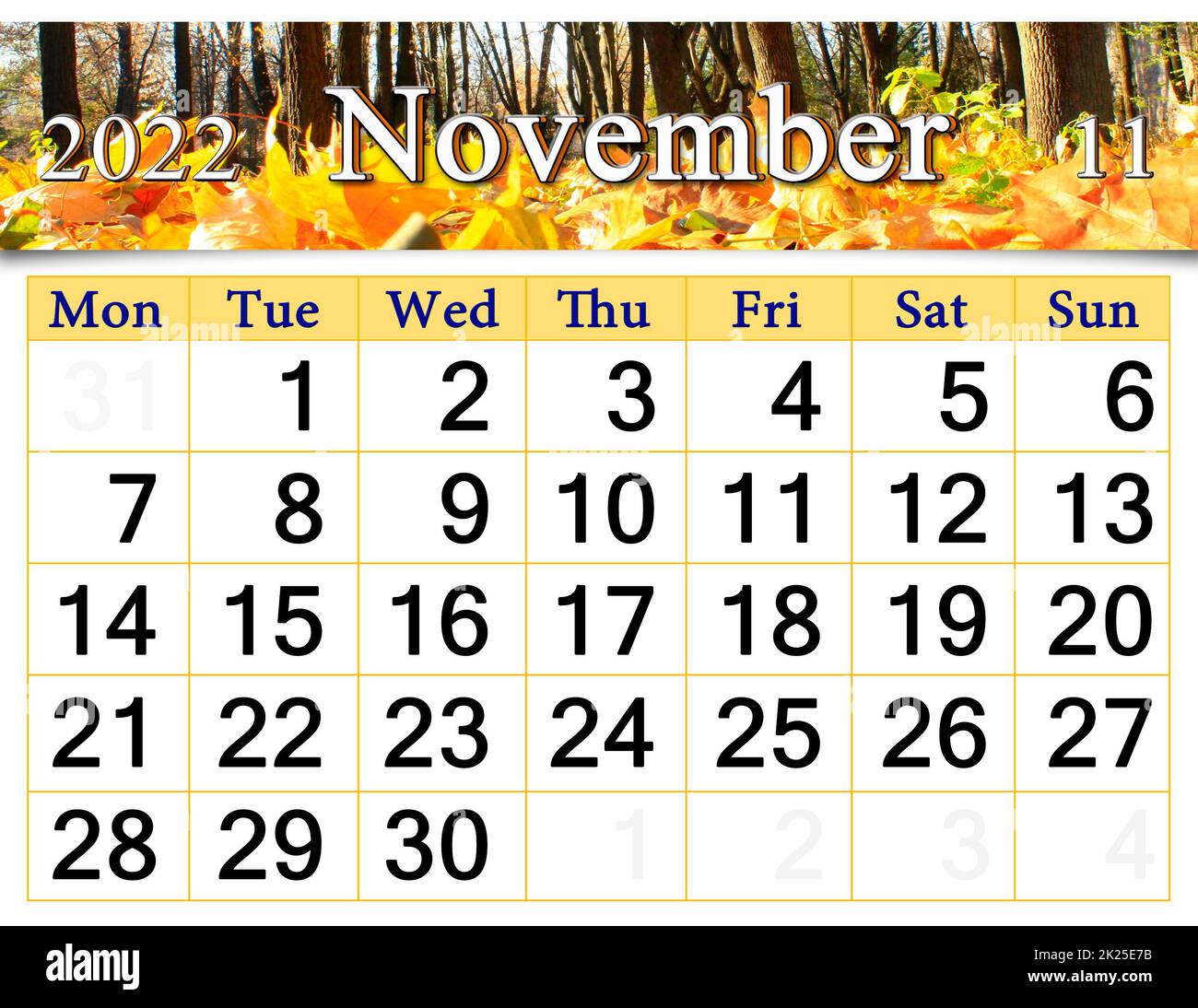 calendar for November 2022 with autumn park with trees in yellow color ...