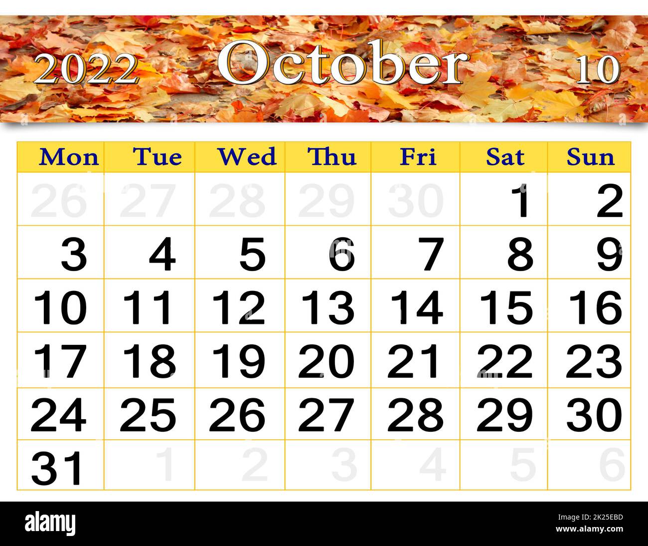 calendar for October 2022 with autumn park with trees in yellow color ...