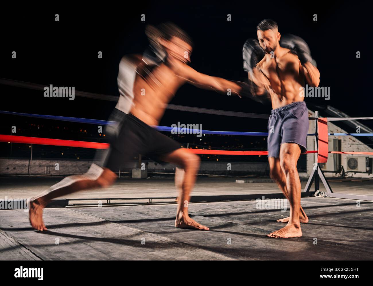 Boxing ring, boxer match and sports men energy in dark arena ...