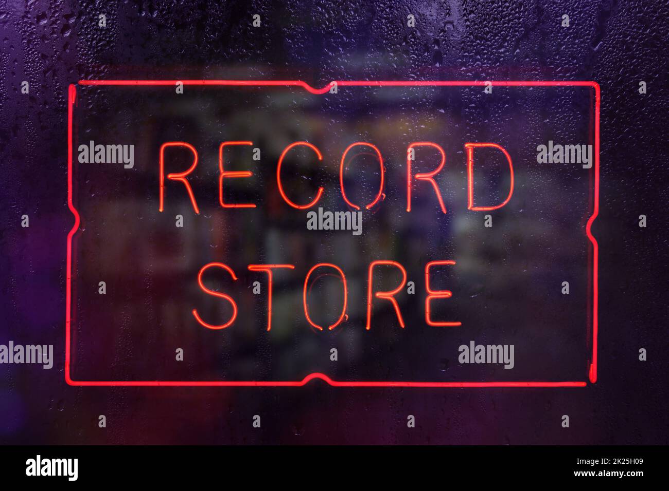 Vintage Neon Record Store Sign in Rainy Window Stock Photo - Alamy