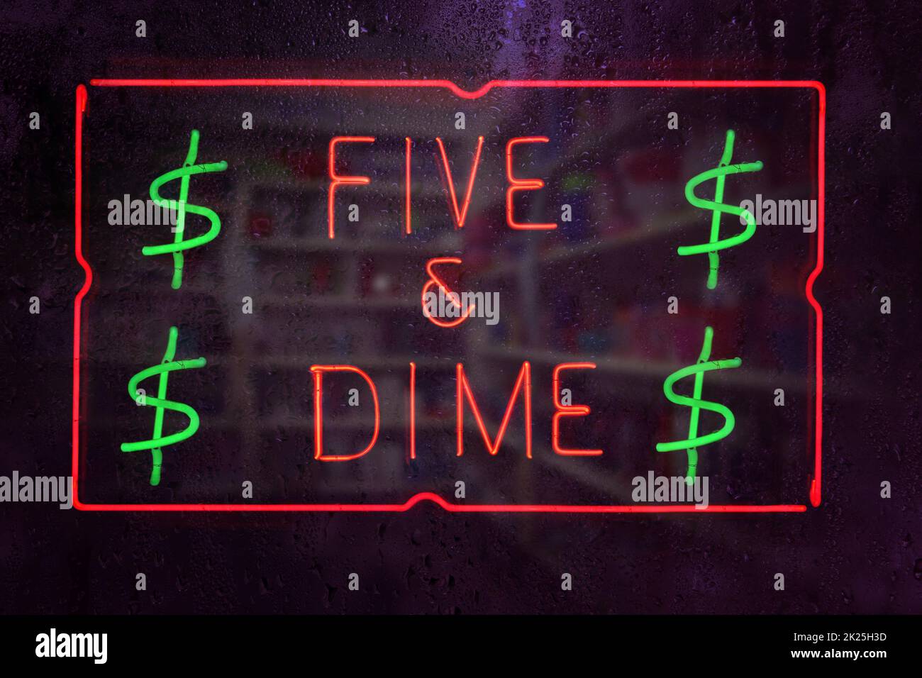 Vintage Neon Five and Dime Sign in Rainy Window Stock Photo - Alamy