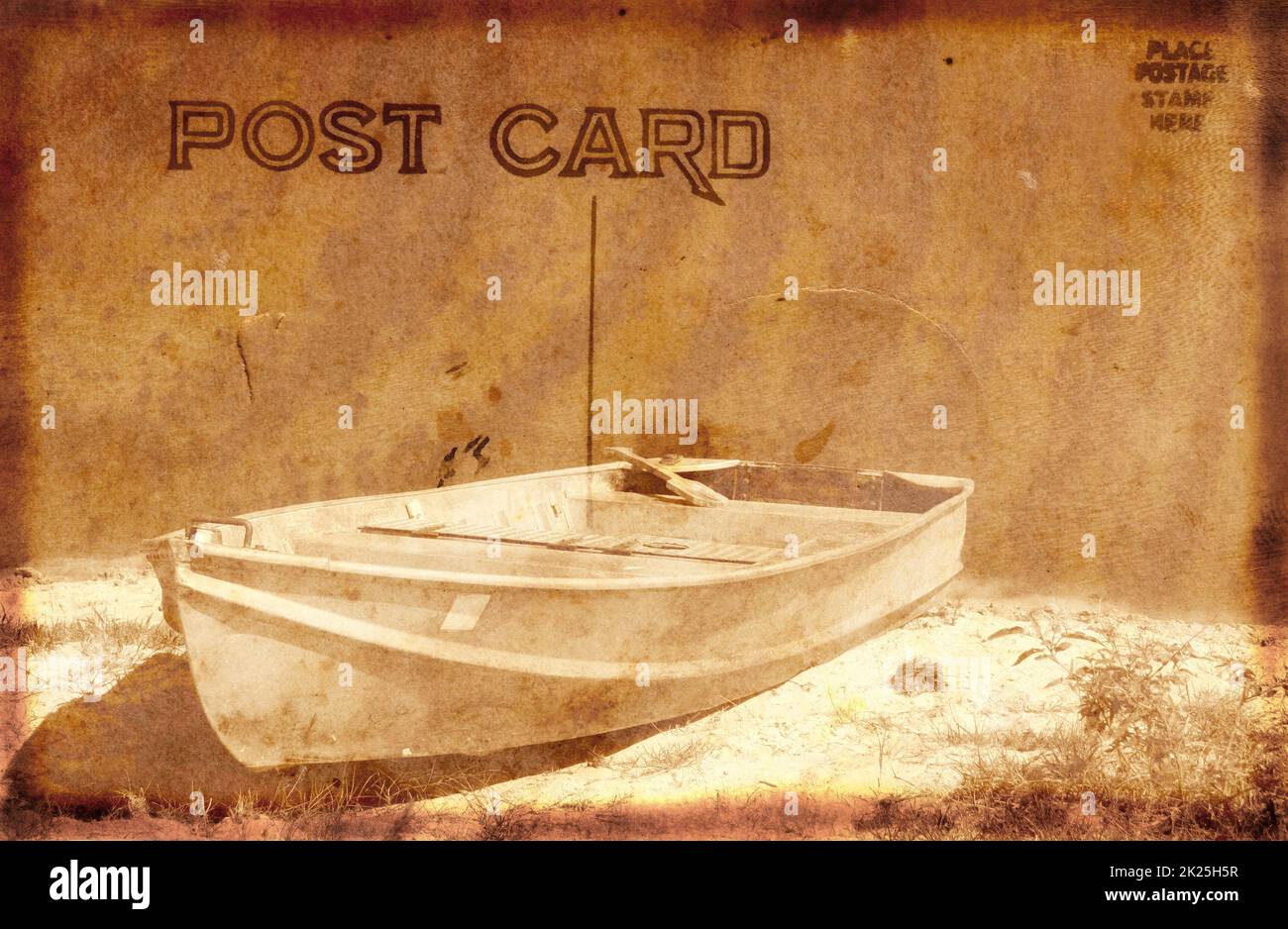 Vintage Postcard With Old Boat and Boat PAddle Stock Photo - Alamy