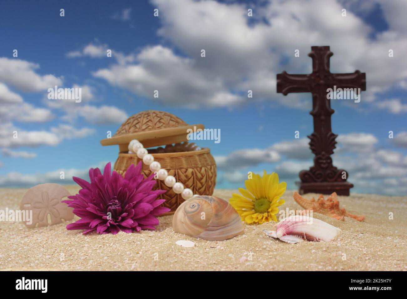 Sea Shells With Cross on Sand, Shallow DOF Focus on Shells Stock Photo ...