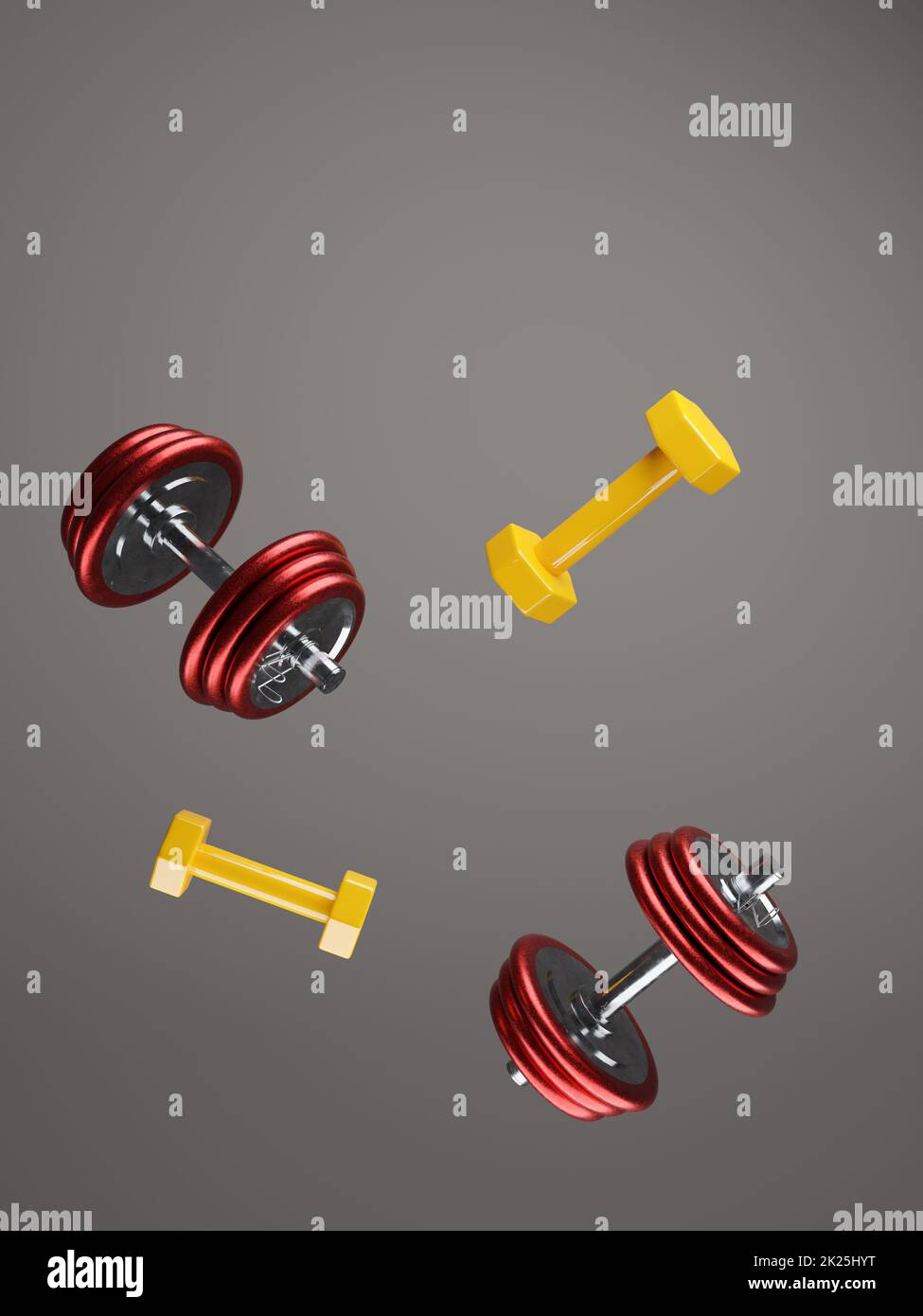 Two red metal dumbbells on a grey background Stock Photo - Alamy