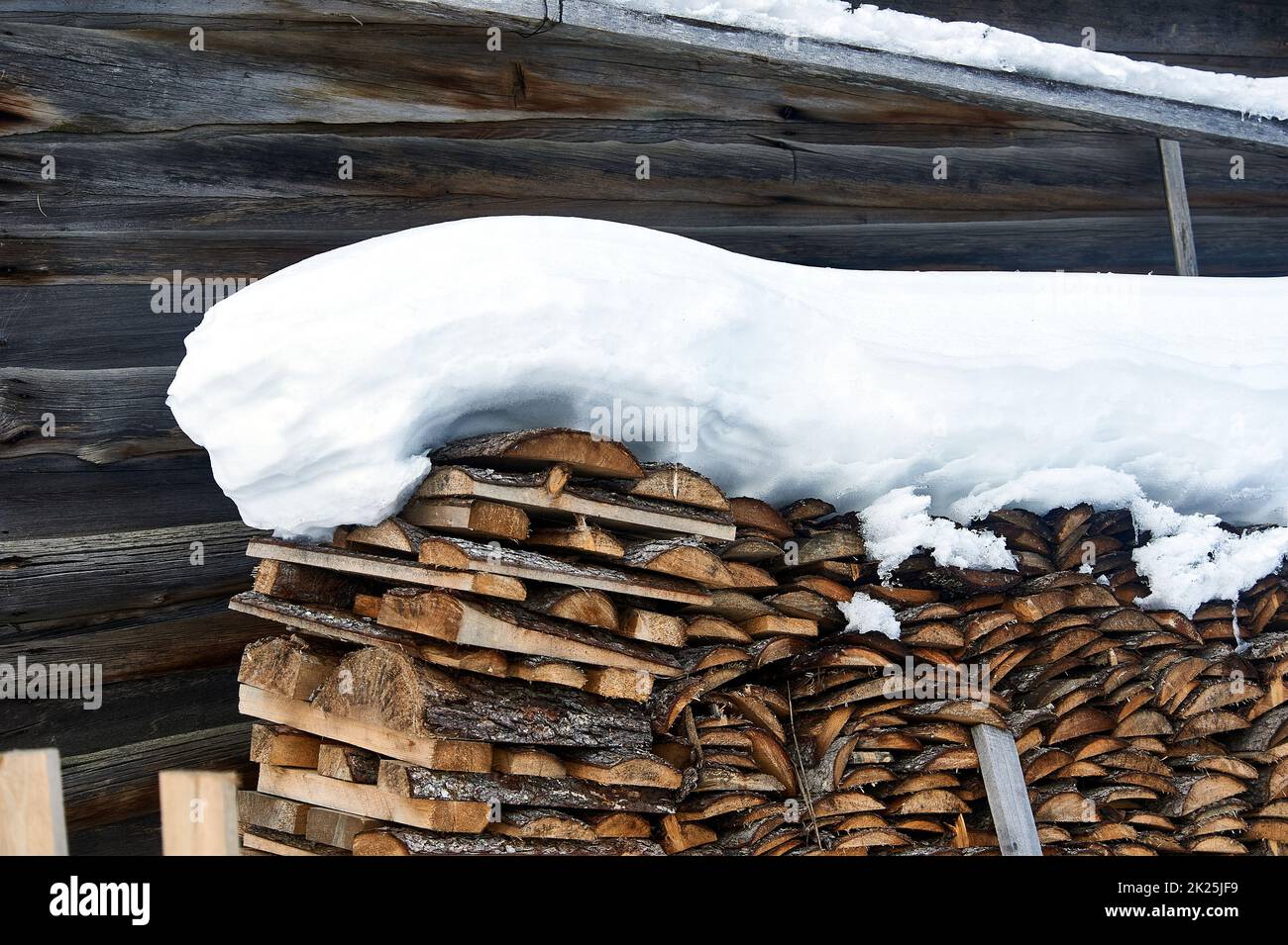 Wood piled in a woodpile under the snow in winter Stock Photo - Alamy