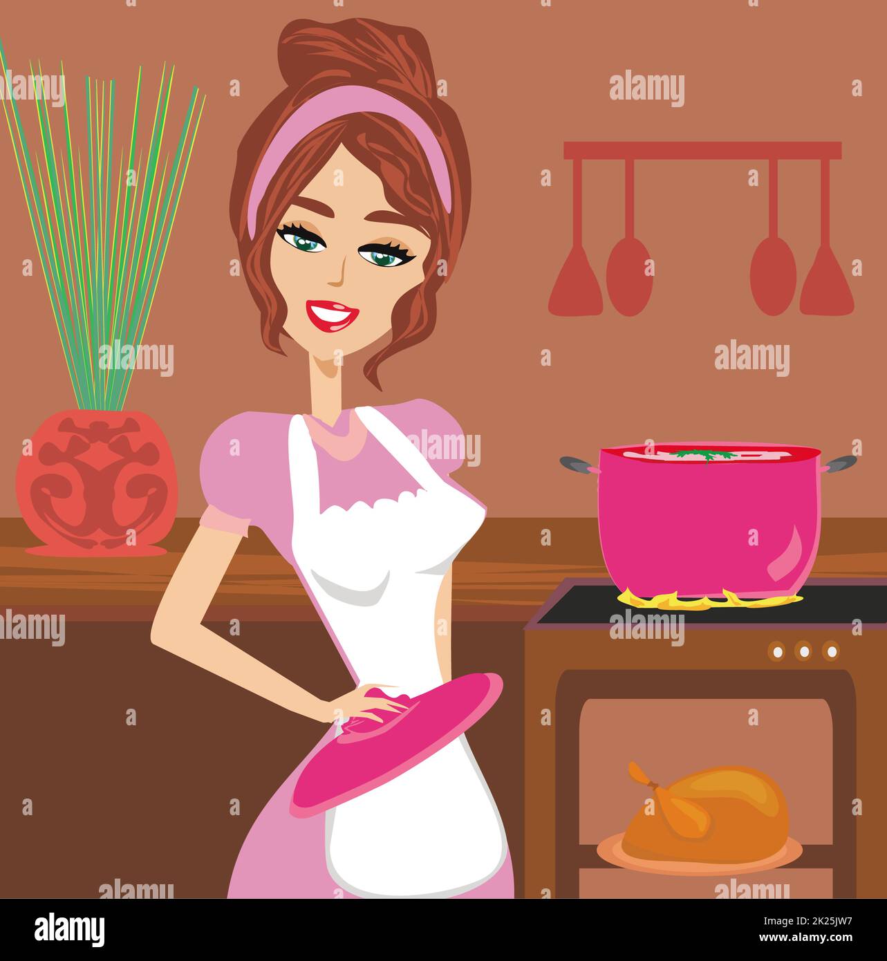 Beautiful lady cooking soup and serving chicken Stock Photo - Alamy