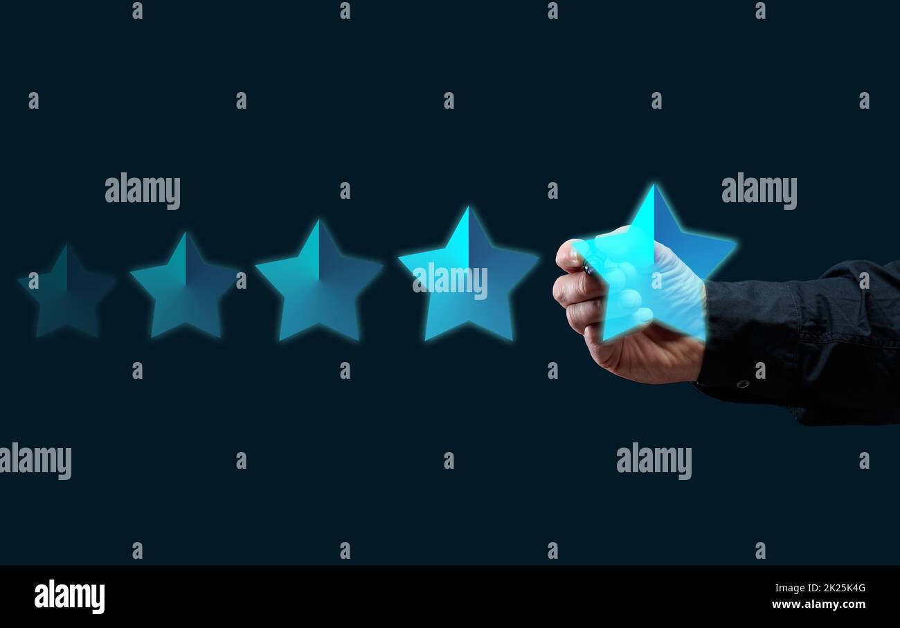 five holographic stars and a man's hand on a dark blue background ...