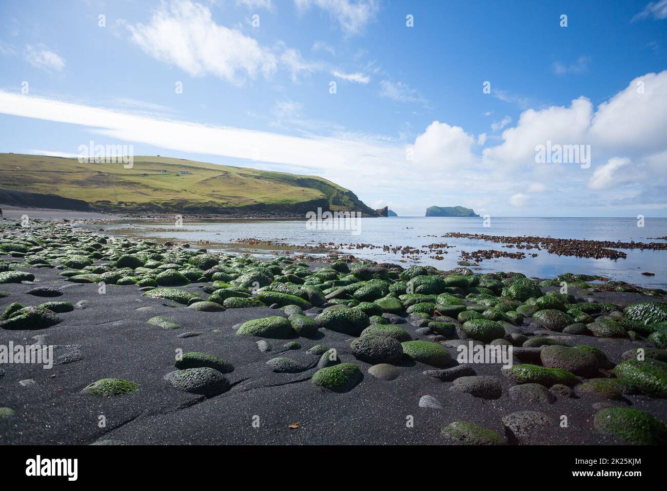 Vestmannaeyjar island beach day view, Iceland landscape. Alsey island ...