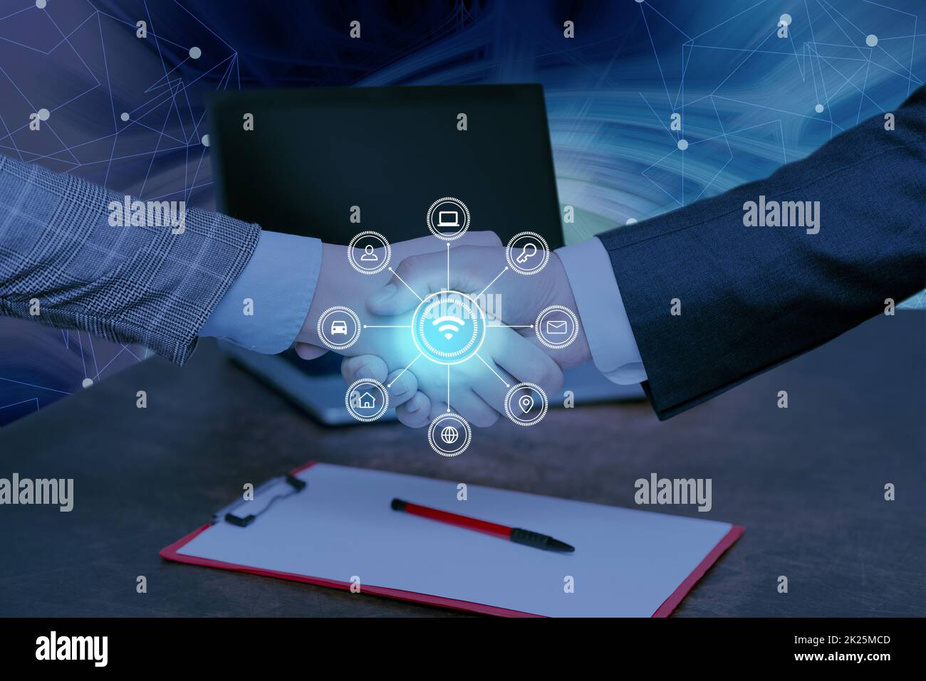 Hands Shaking Signing Contract Unlocking New Futuristic Technologies ...