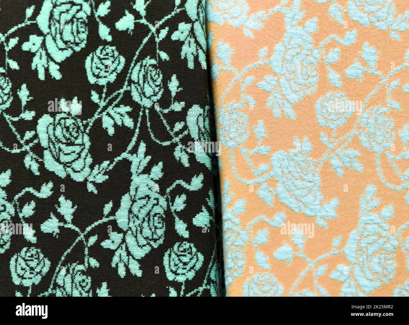 Detailed close up view on samples of cloth and fabrics in different ...