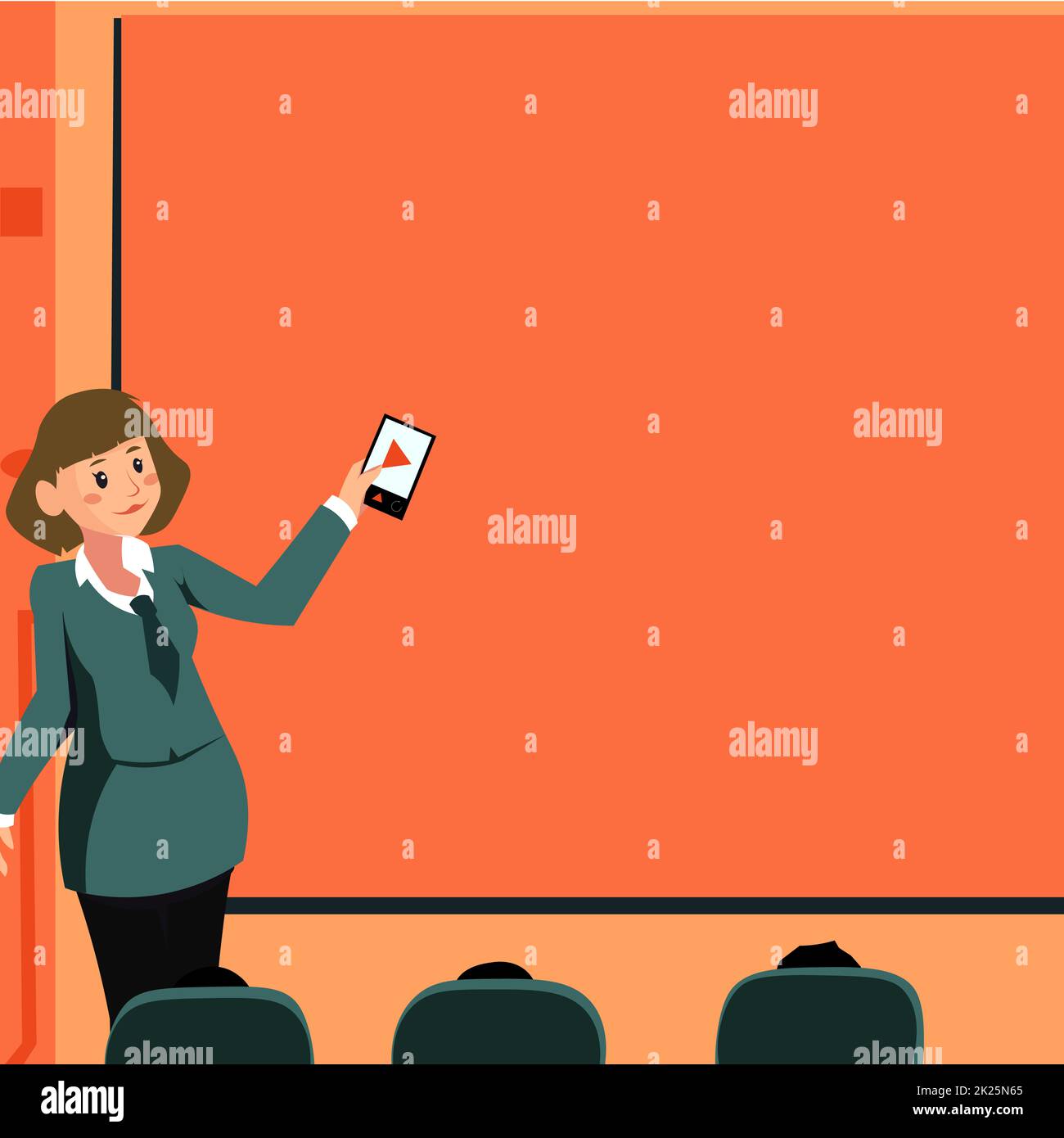 Woman Holding Remote Control Presenting Latest Ideas On Backdrop Screen ...